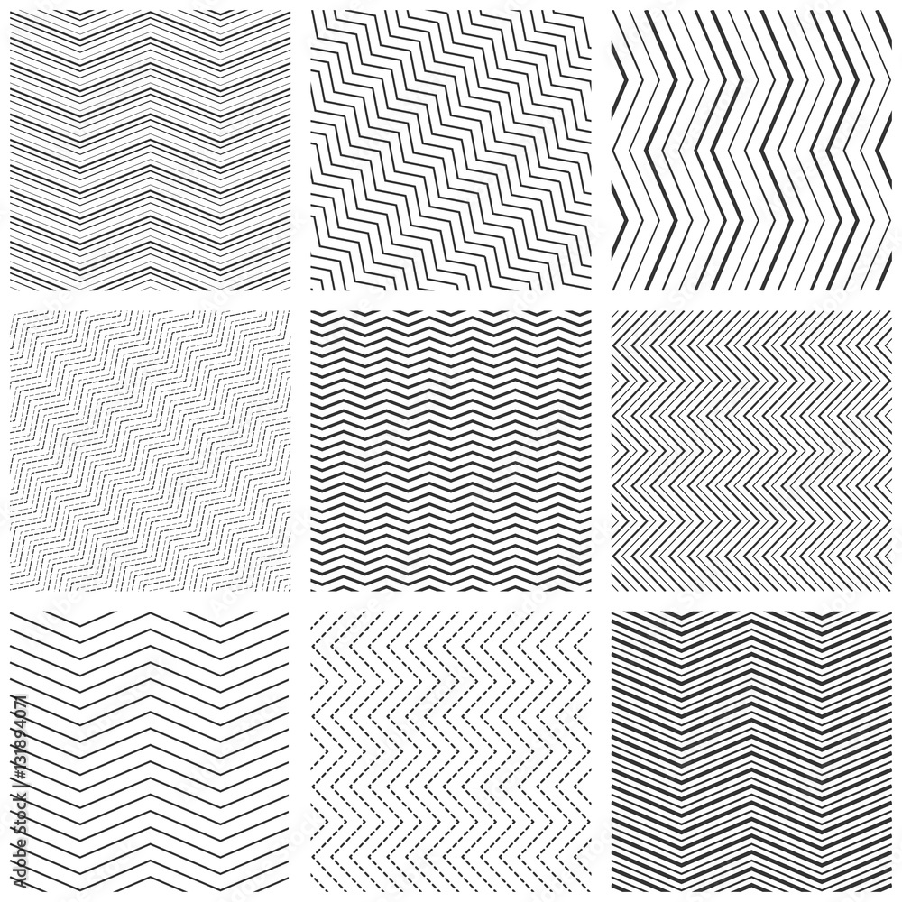 Zigzag seamless pattern set. Vector zig zag black simple line patterns ...