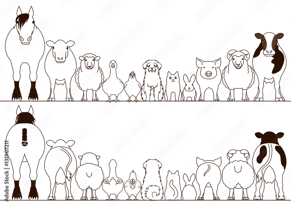 farm animals border set, front view and rear view, line art Stock ...