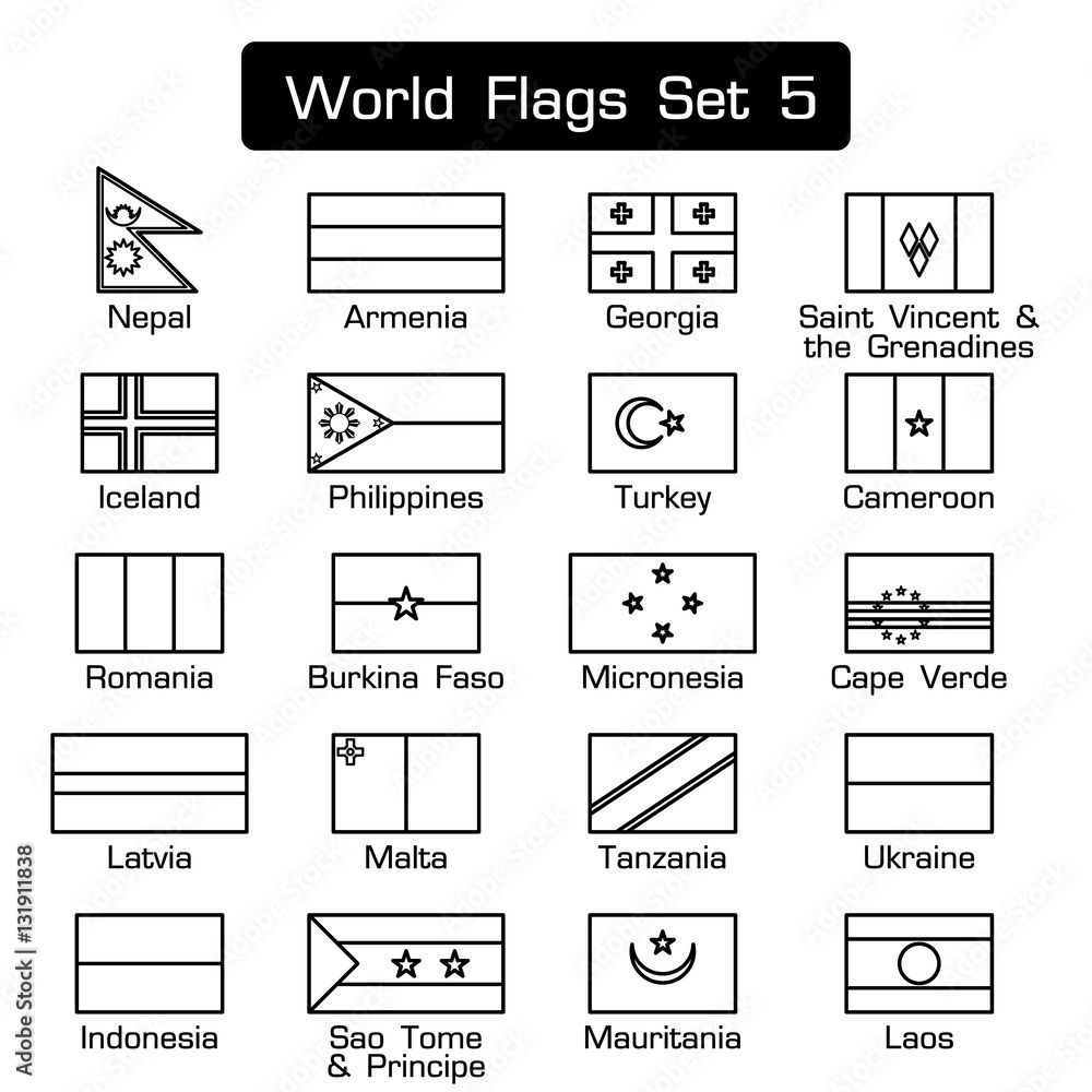 World flags set 5 . simple style and flat design . thick outline ...