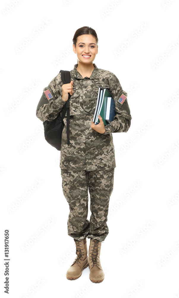 Pretty female cadet of military school on white background Stock Photo ...