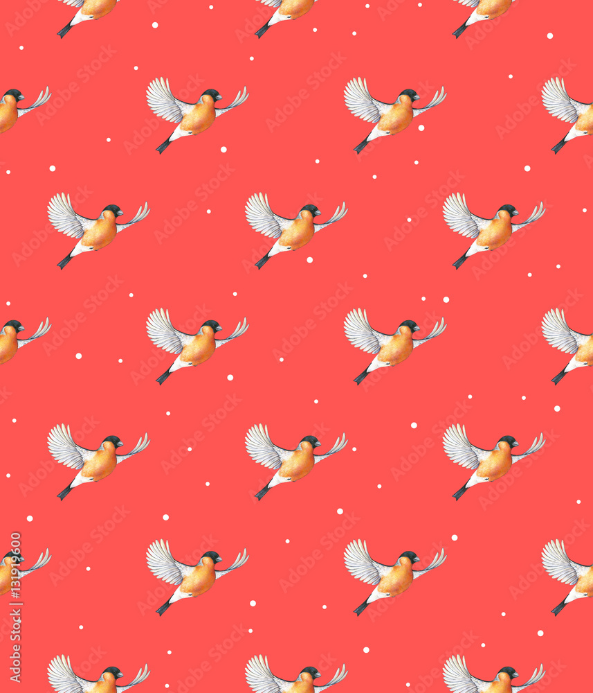 Watercolor bullfinch on a red background. Bird in flight handwork ...