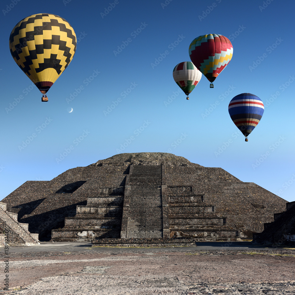 Balloons above pyramid of the moon - Teotihuacan, Mexico Stock Photo ...