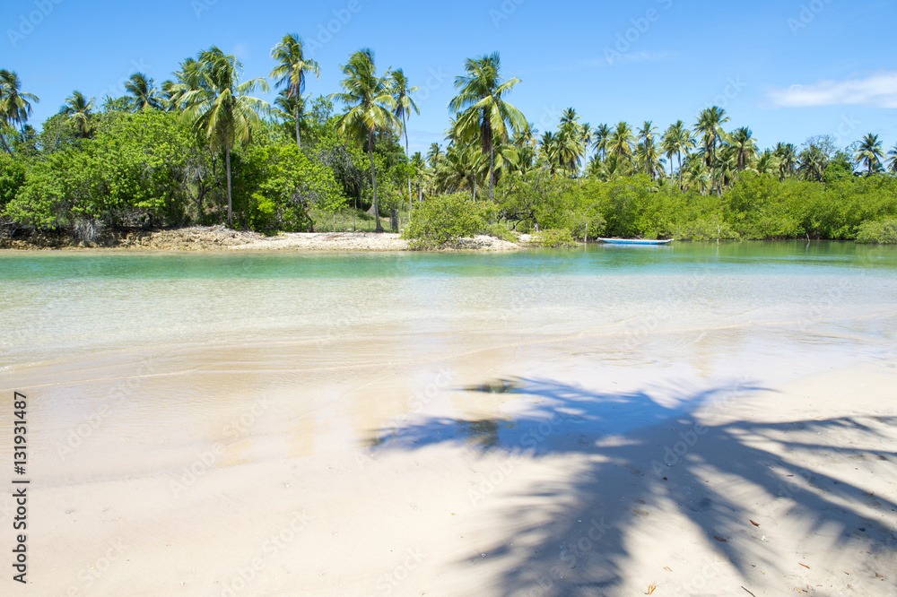 Palm tree shadow on the shore of a remote Brazilian beach in Nordeste ...