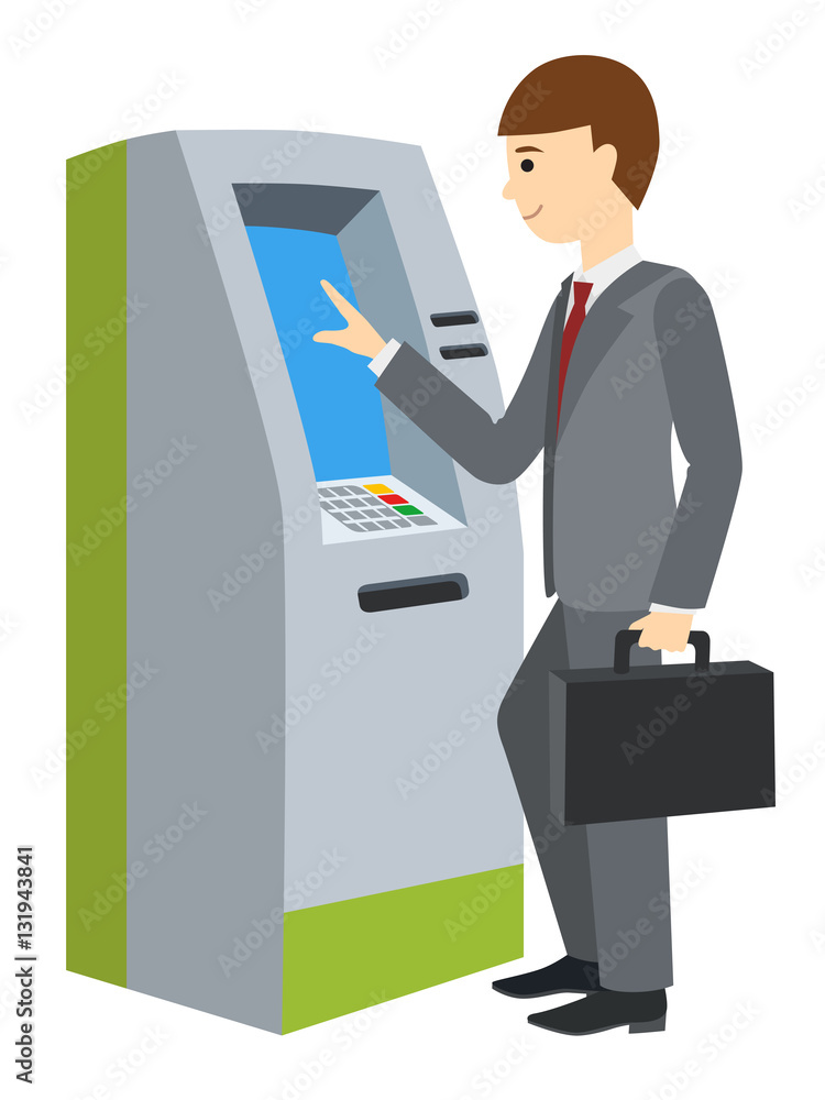 Businessman using ATM machine. Vector illustration of people isolated ...