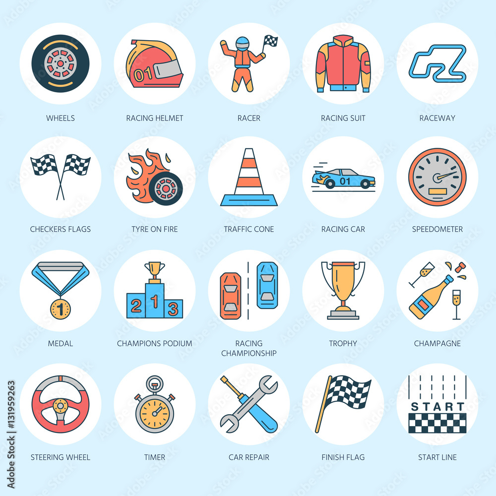 Car racing vector line icons. Speed auto championship signs - track ...