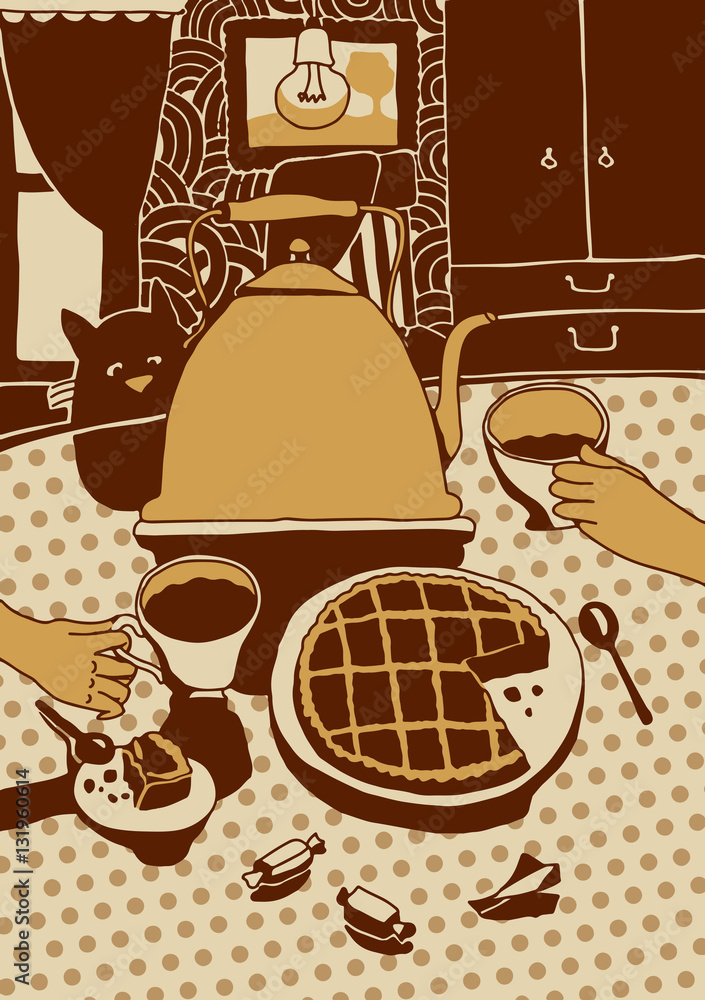 vector drawing tea party with cat and pie Stock Vector | Adobe Stock