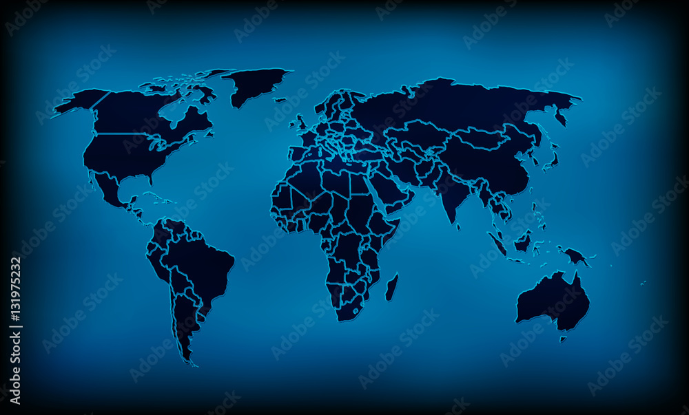 World map on a blue background. Continents of the planet with a marking ...