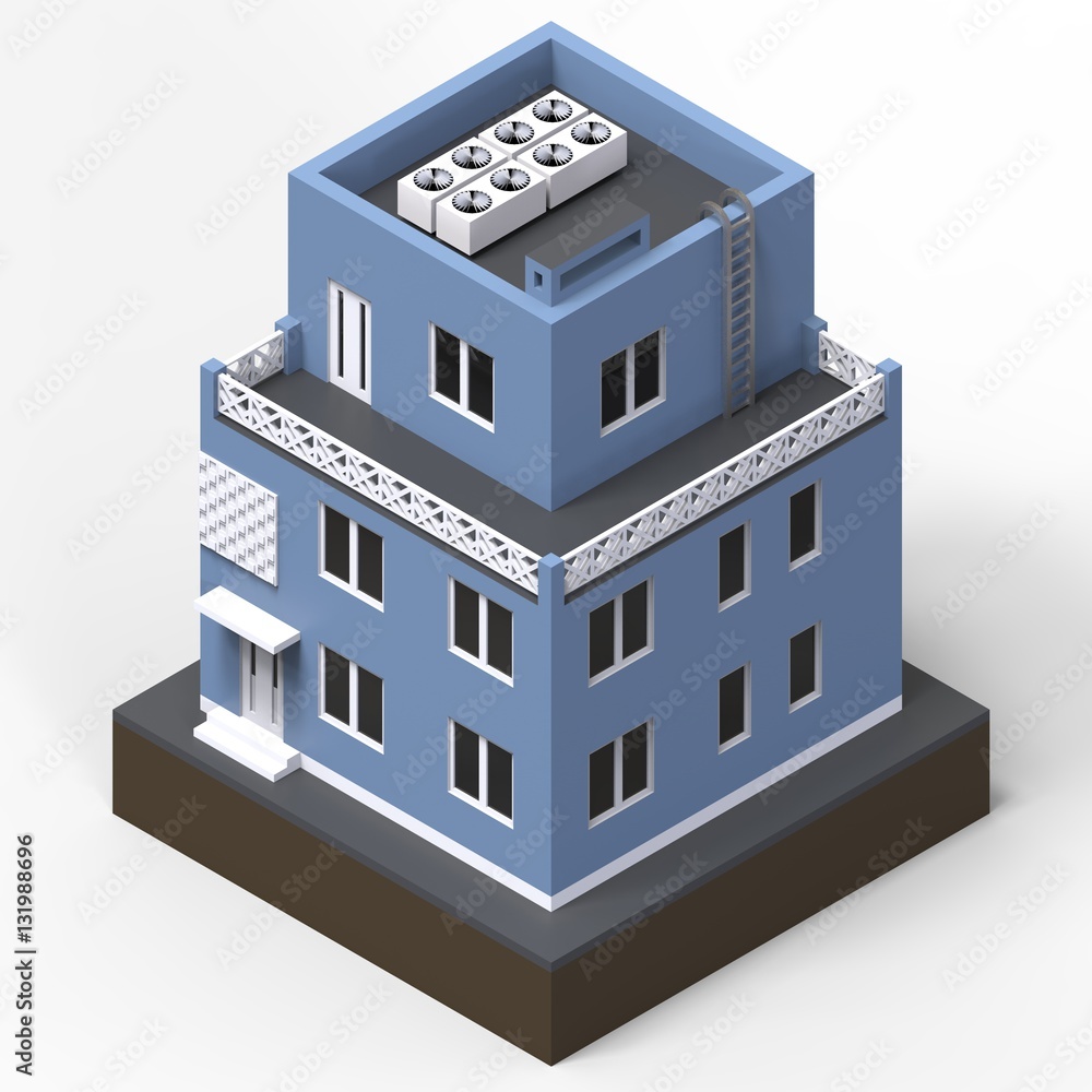 Blue residential building in a small isolated platform. Raster 3d ...