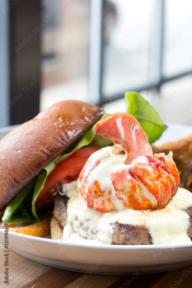 Land & Sea Burger - Angus burger, butter-poached lobster, bibb lettuce ...