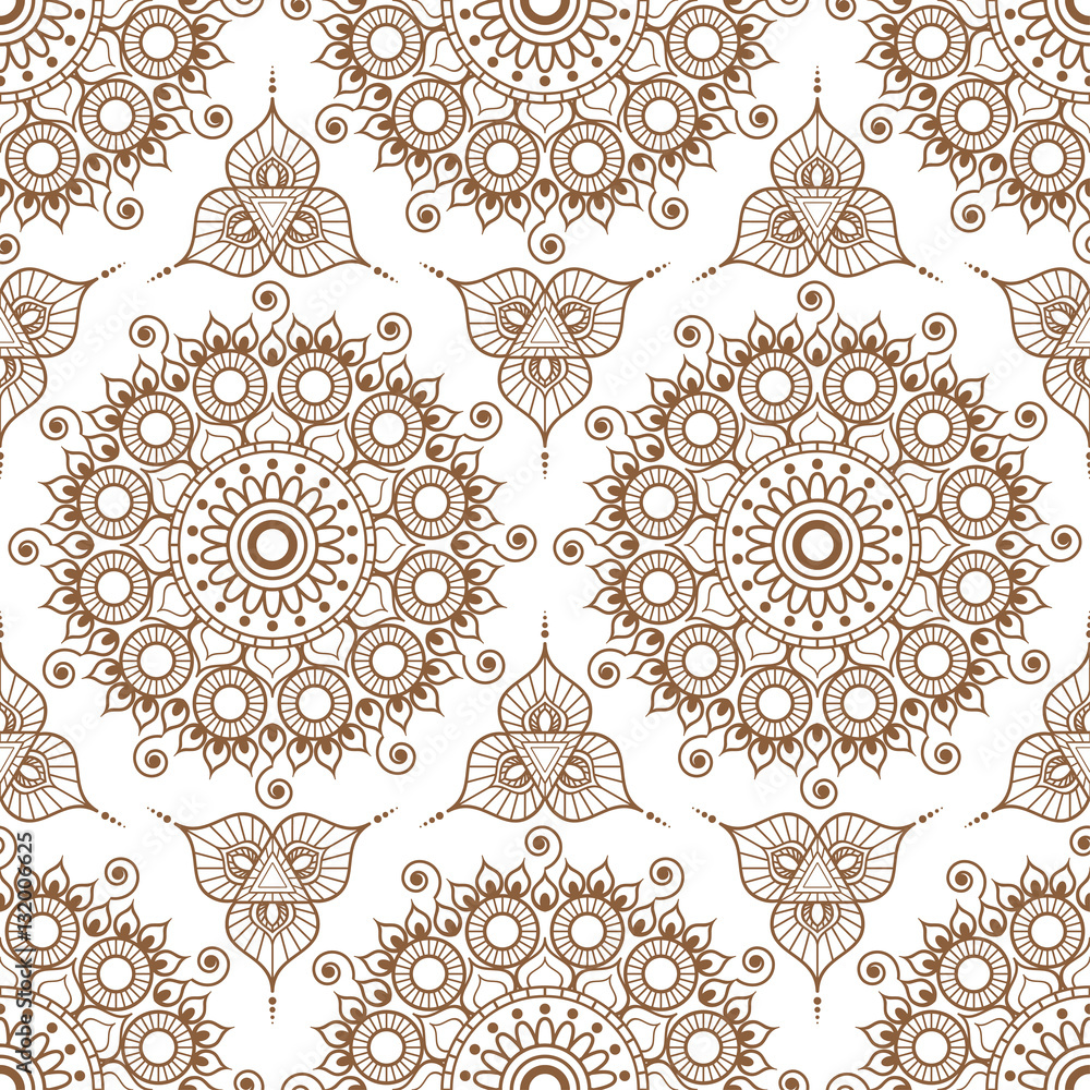 Background with brown and white mehndi henna seamless lace buta ...