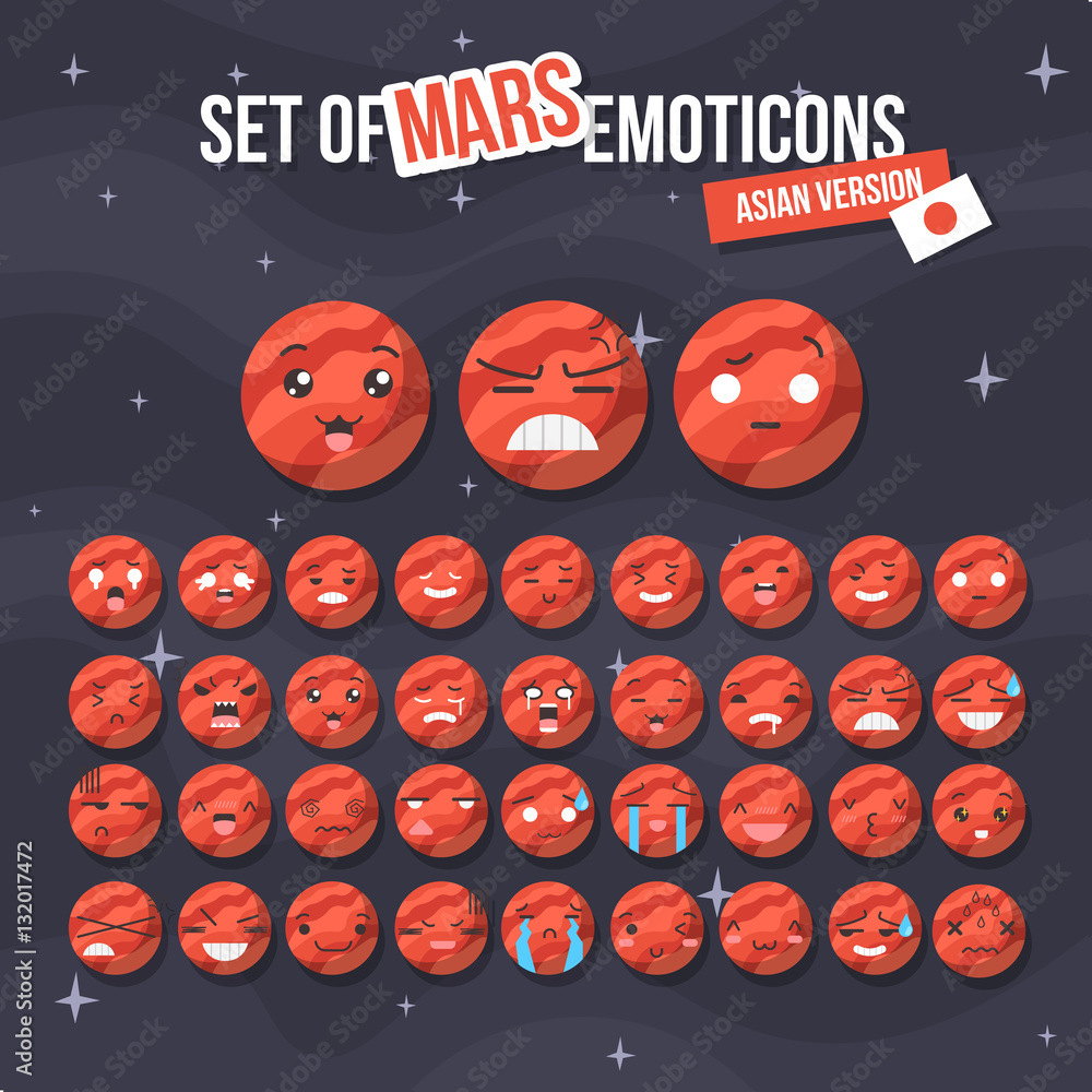 Set of cute mars smiley. Mars emoticons, flat emoji, asian style ...