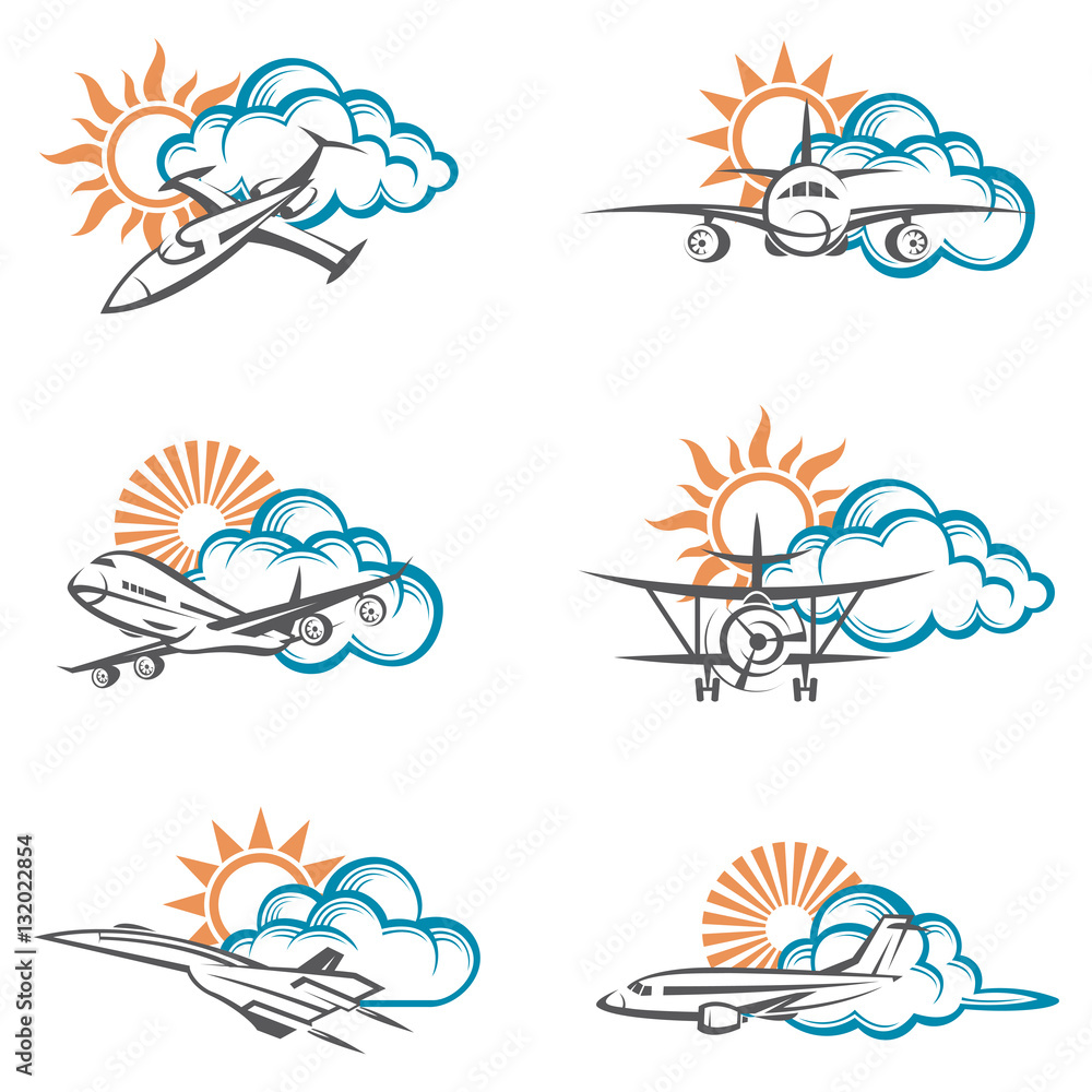 collection of different images with airplane, sun and cloud Stock ...