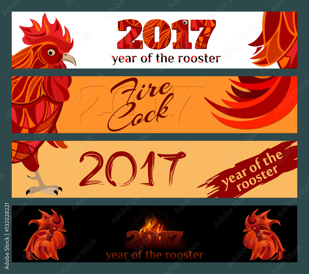 Horizontal Banners Set. Red Rooster vector illustration. Stock Vector ...