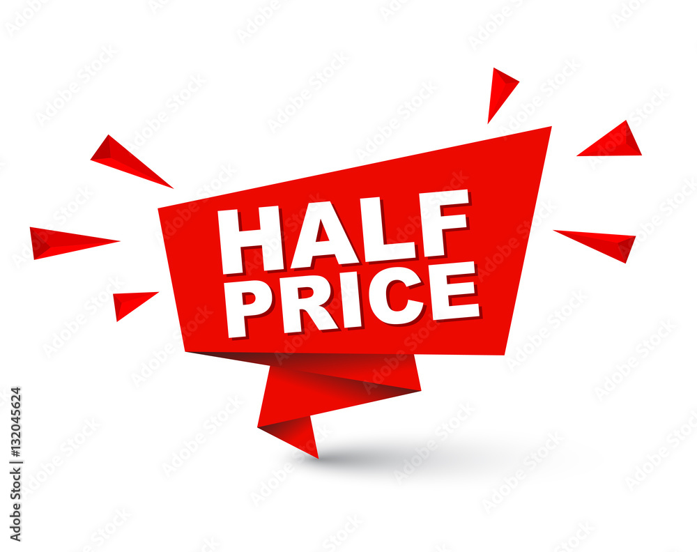 Red easy vector illustration isolated paper bubble banner half price ...