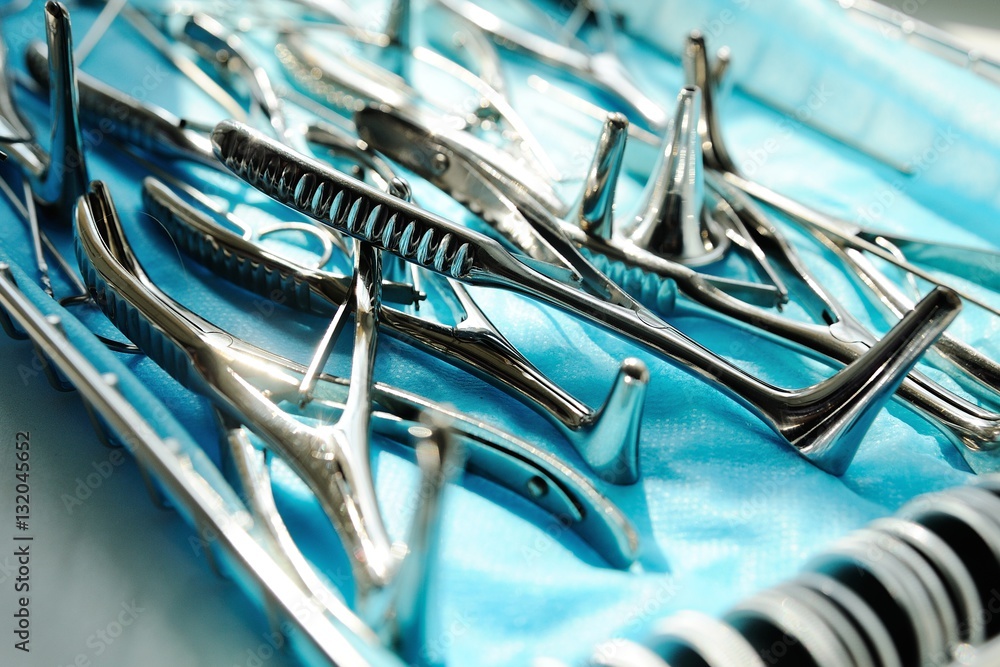 ENT Instruments closeup - nasal mirror, probes, cannulas for washing ...