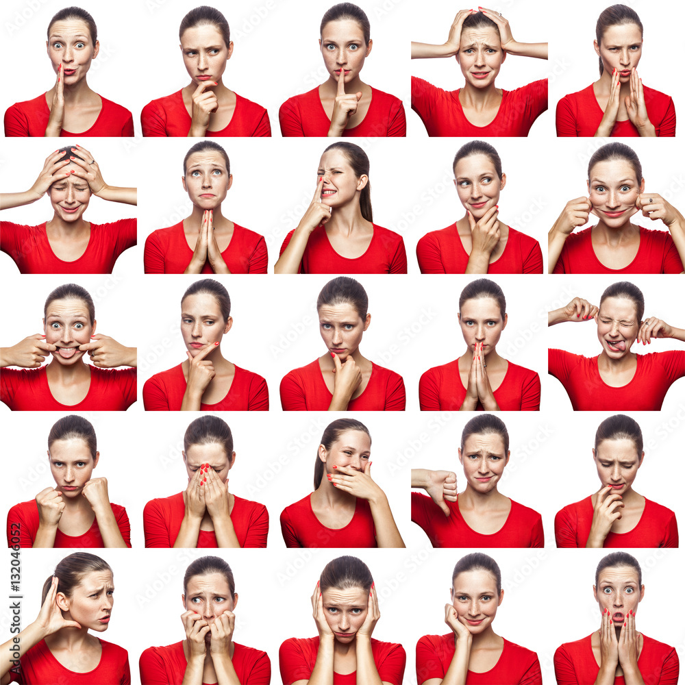 Mosaic of woman with freckles expressing different emotions expressions ...