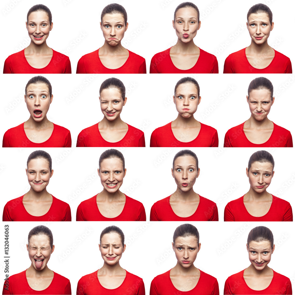 Mosaic of woman with freckles expressing different emotions expressions ...