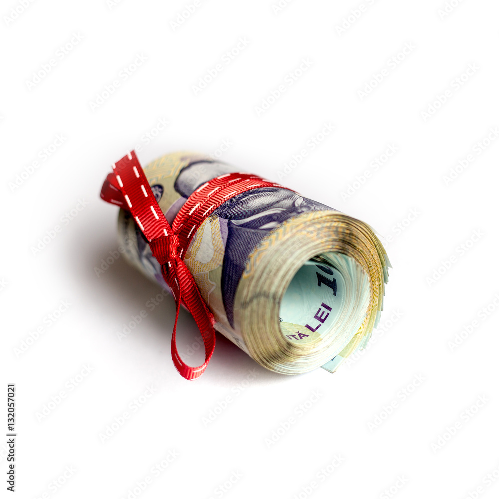 Roll of money isolated on white background with red ribbon, Romanian ...