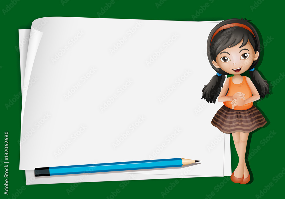 Paper template with cute girl and pencil Stock Vector | Adobe Stock