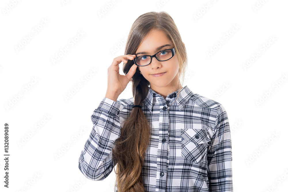 Beautiful schoolgirl in glasses, Intelligent girl. teen girl with long ...