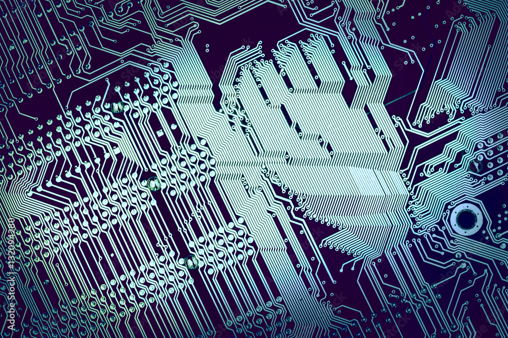 technology concept background - blue motherboard with lighted ov Stock ...