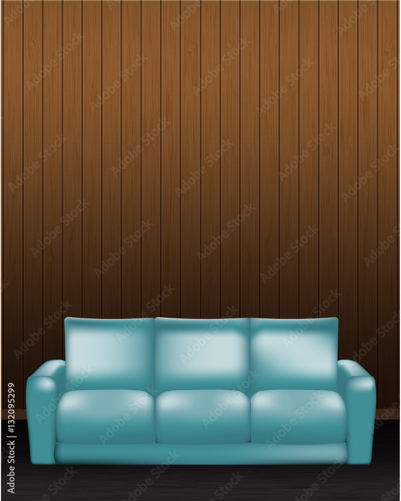 Realistic modern blue sofa isolated on wooden wall interior background ...