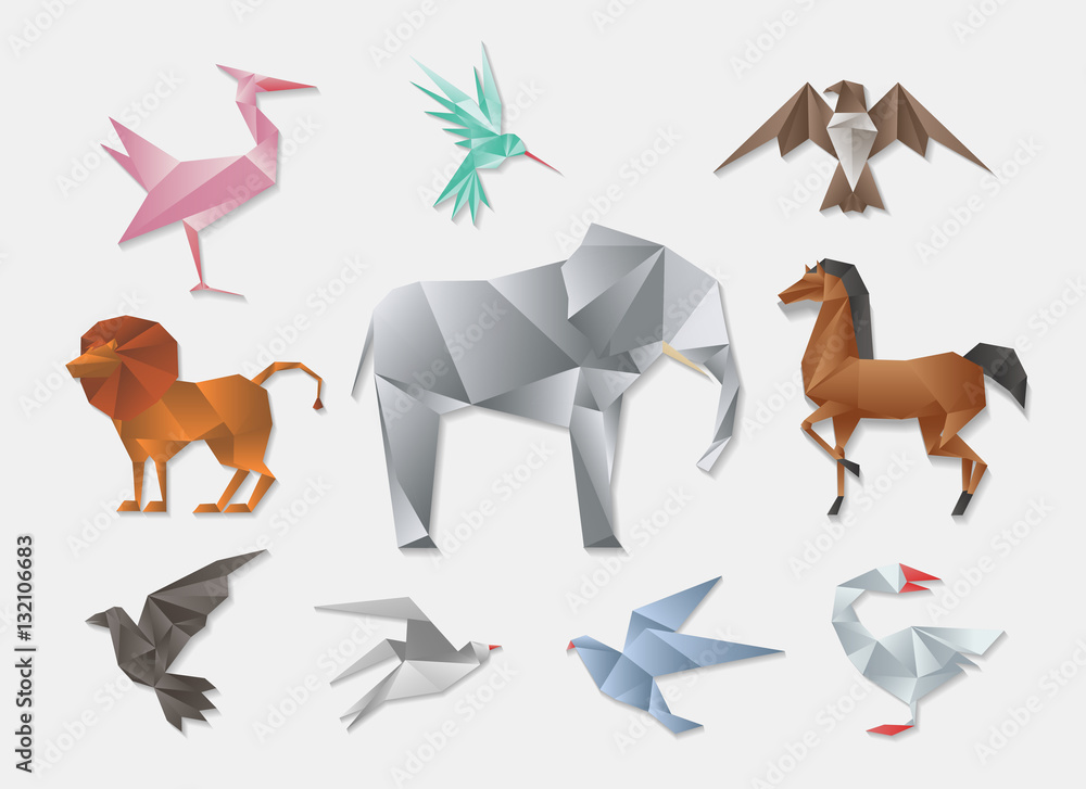 Origami animals. Vector 3d paper japanese animal set. Elephant and ...