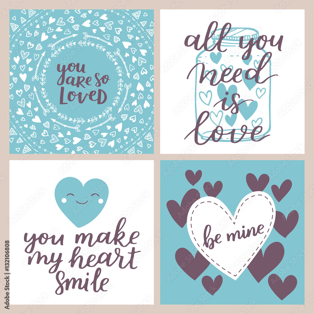 Vector set of Valentines Day greeting poster. Cute blue-white colors ...
