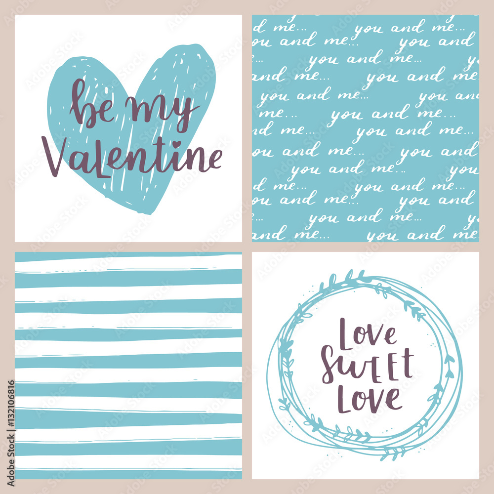 Vector set of Valentines Day greeting poster. Cute blue-white colors ...