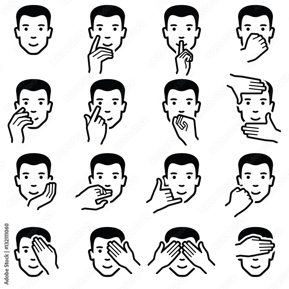 Man face with hand emoticons icon collection - outline illustration ...