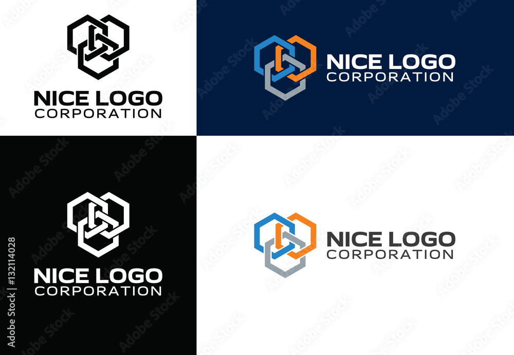 logo construction industry, colored hexagons, blue, orange and gray ...