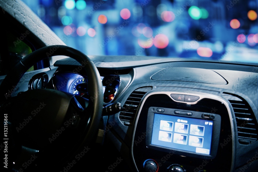 car cockpit with gps and connection screen Stock Photo | Adobe Stock