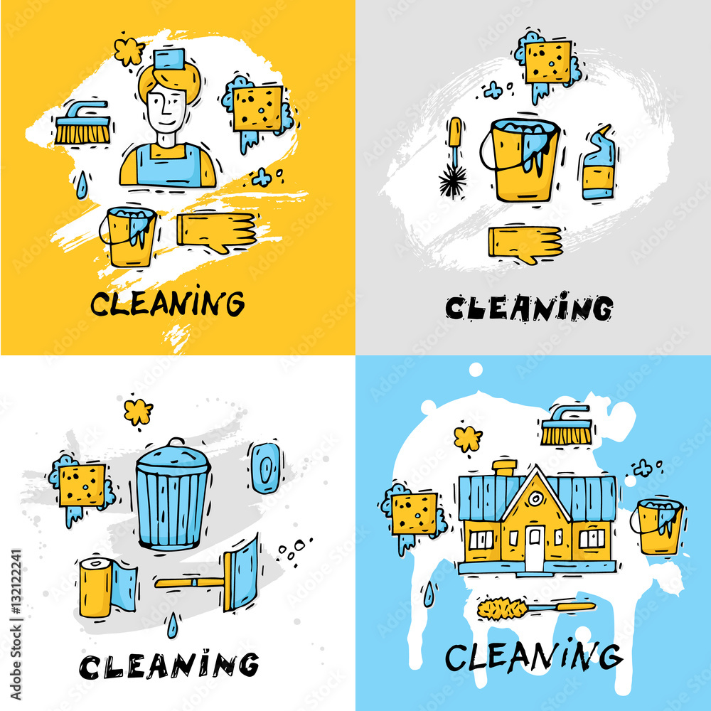 Cleaning. Hand drawn vintage style. Flat design vector illustration ...