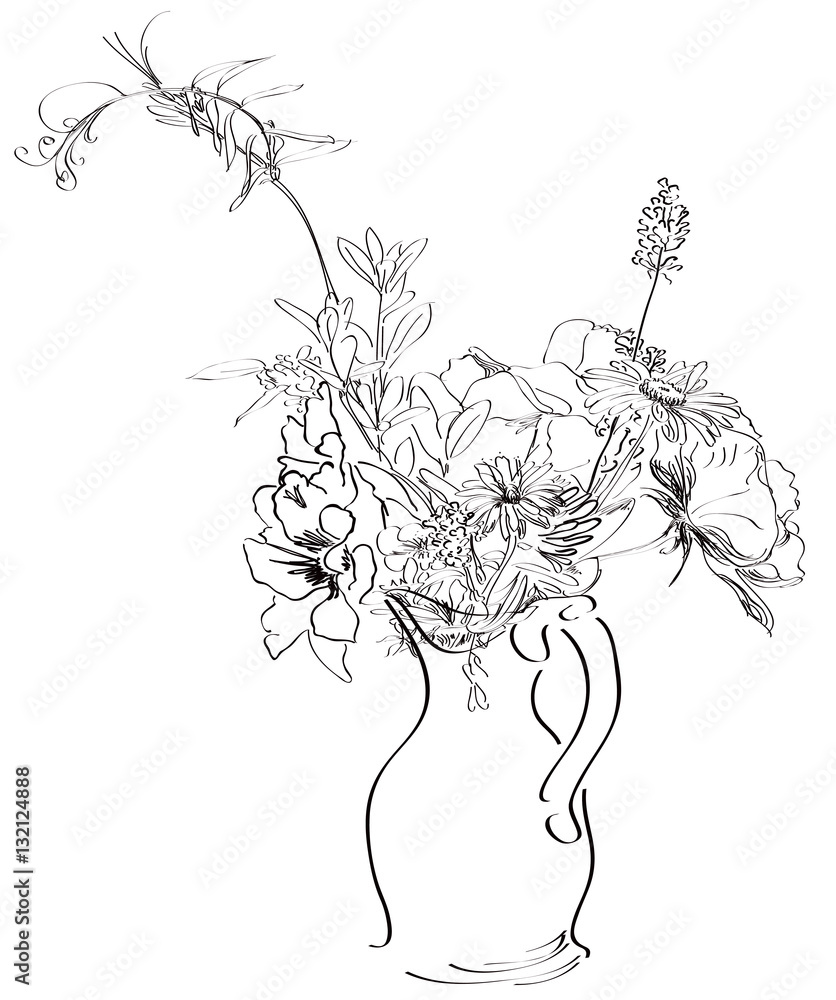 Pen and ink sketch of Spring flowers in a vase Stock Illustration ...