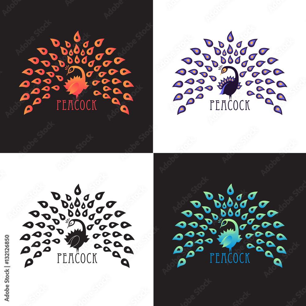 Illustration peacock, logo design set. Vector abstract logo of colored ...
