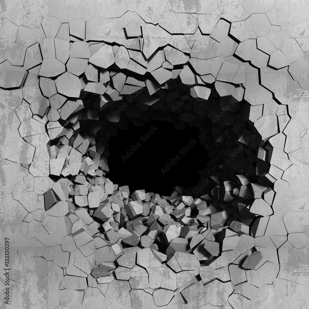 Dark concrete cracked hole. Explosion destruction of wall Stock ...