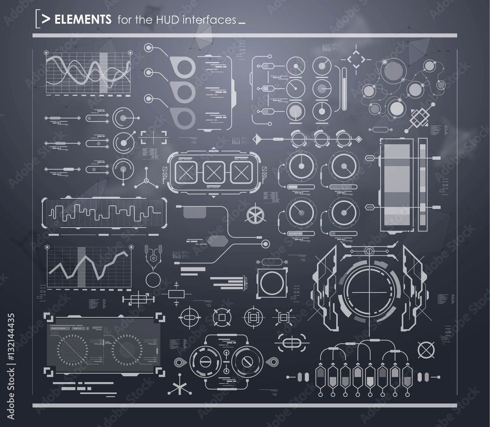 black and white infographic elements. HUD UI for business app ...