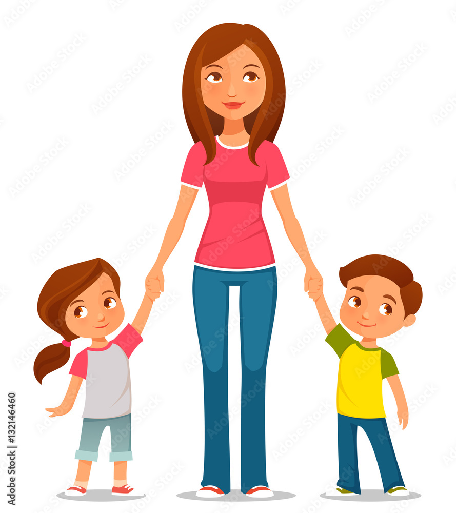 cute cartoon illustration of mother with two kids Stock Vector | Adobe ...