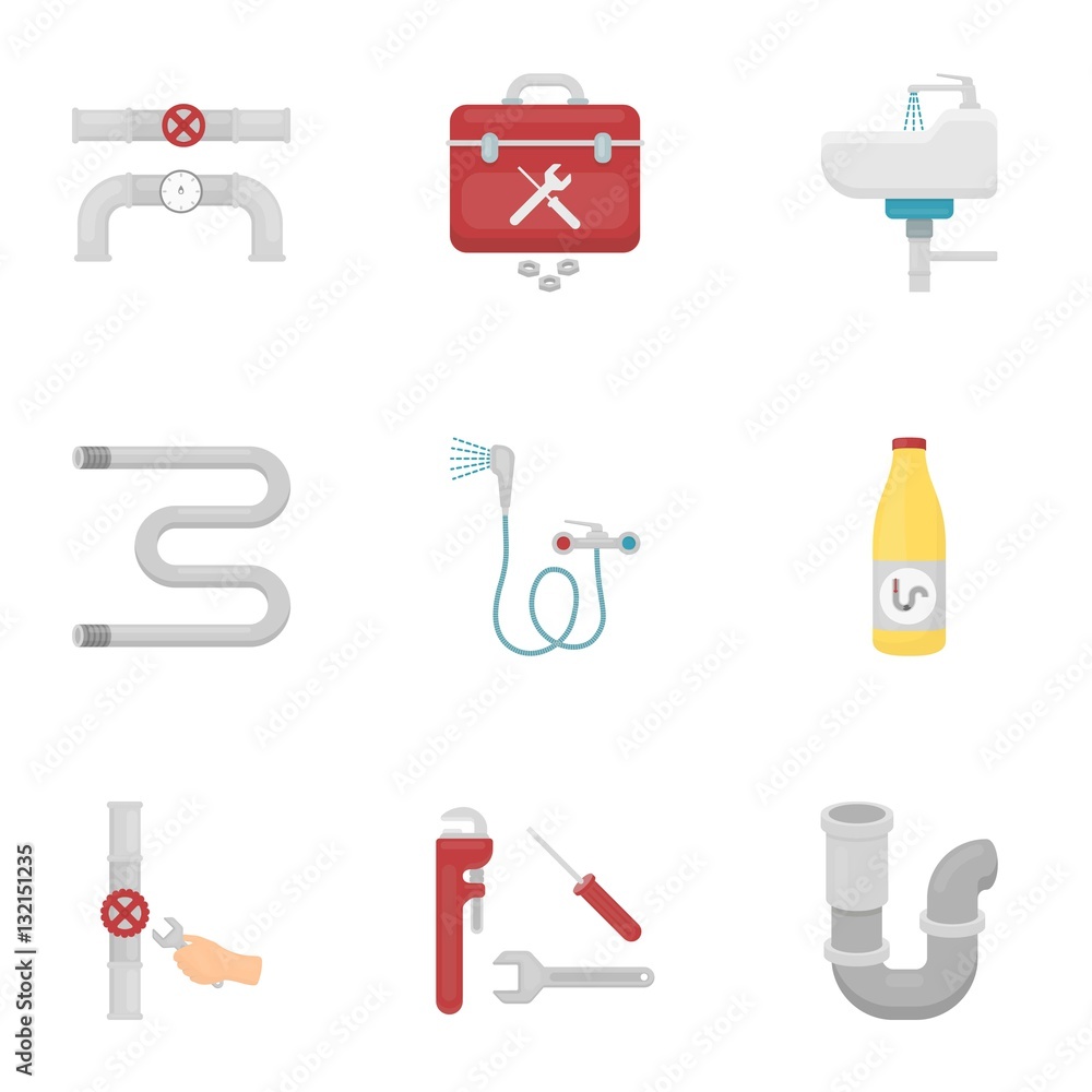 Plumbing set icons in cartoon style. Big collection of plumbing vector ...