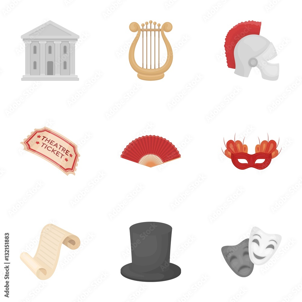 Theater set icons in cartoon style. Big collection of theater vector ...