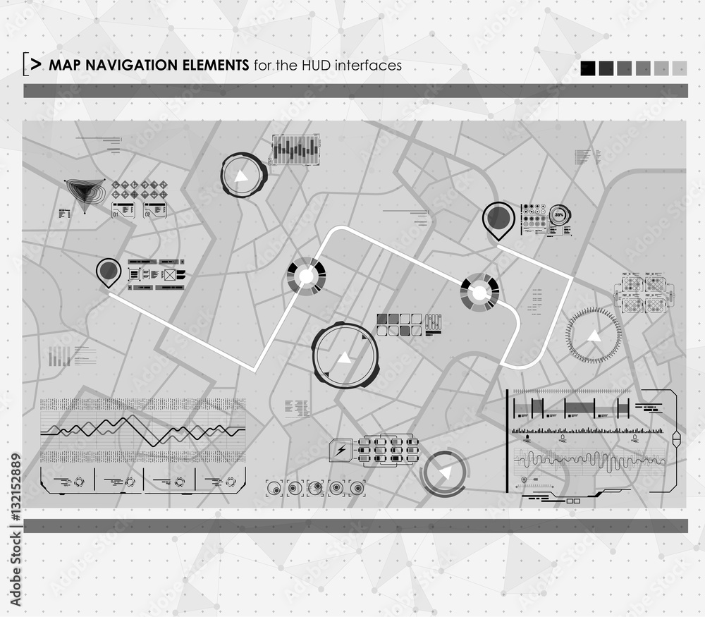 Head-up display navigation map elements for the web and app. Futuristic ...