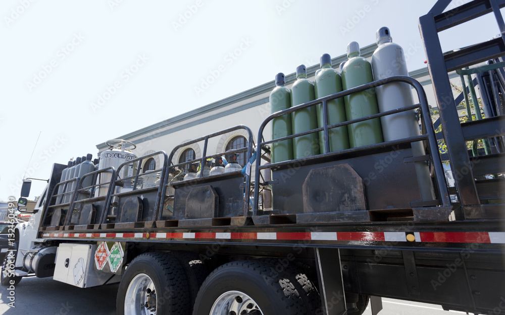 Oxygen and nitrogen tanks deliver truck. Side view. Horizontal. Stock ...