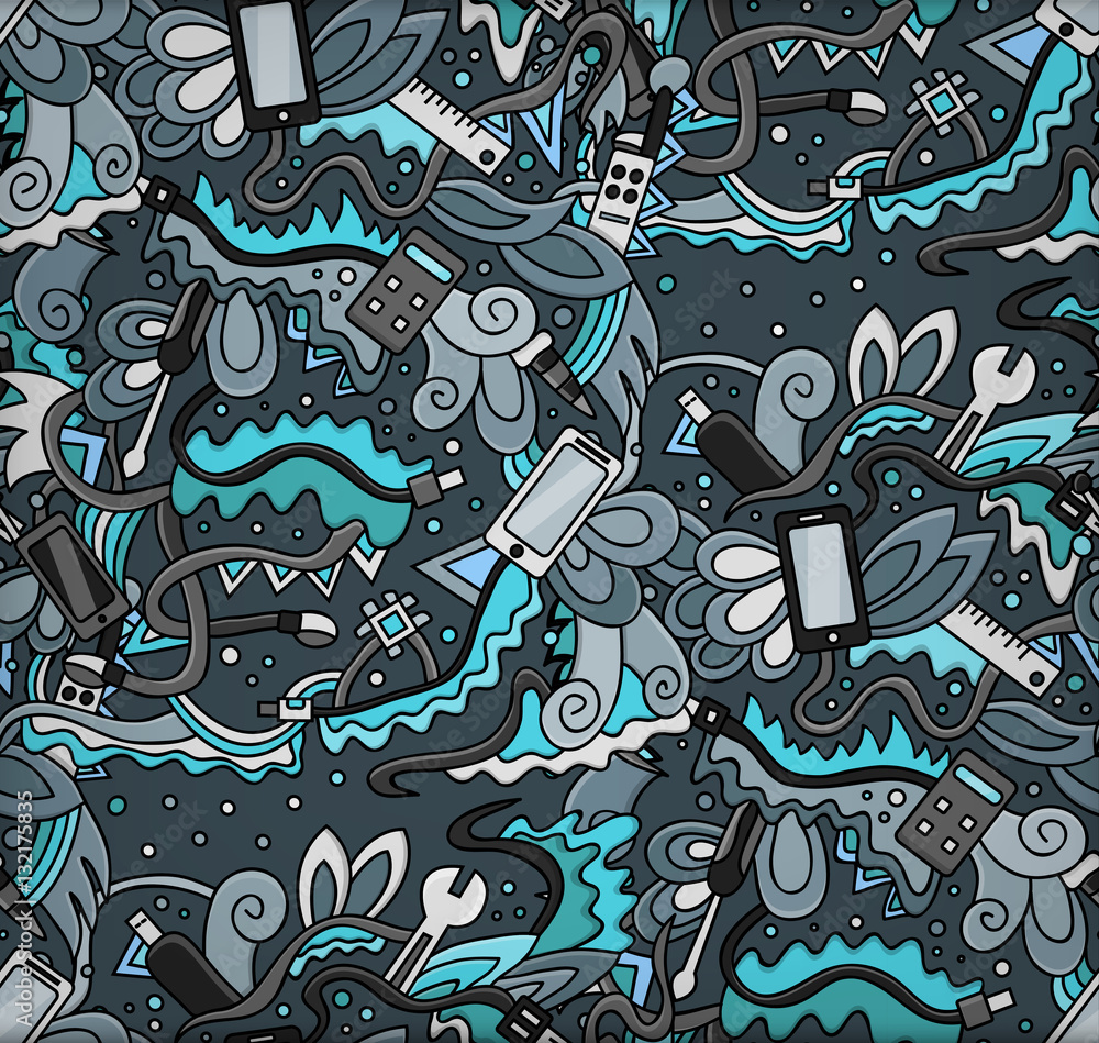 Vector hand drawn doodle art seamless pattern of technology, electronic ...