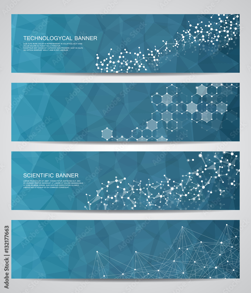 Set of modern scientific banners. Molecule structure DNA and neurons ...