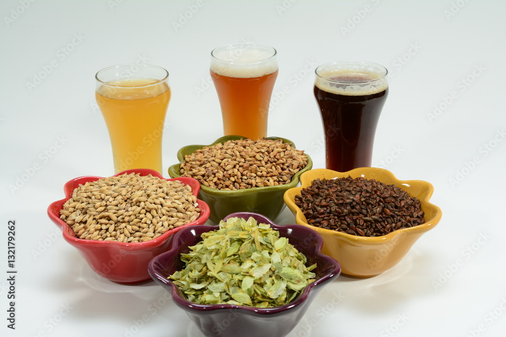 Home brew beer ingredients with various grains illustrating different ...