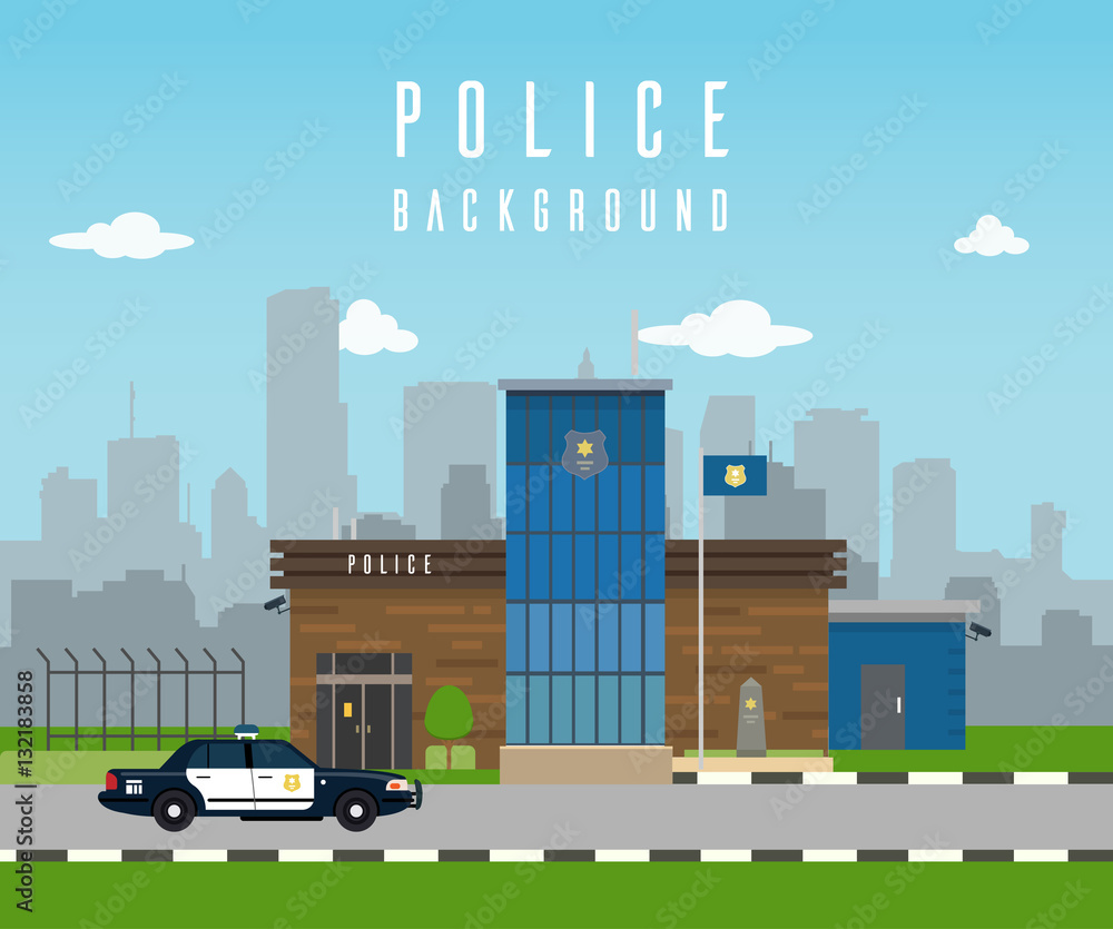 City police station department building in landscape with policeman and ...