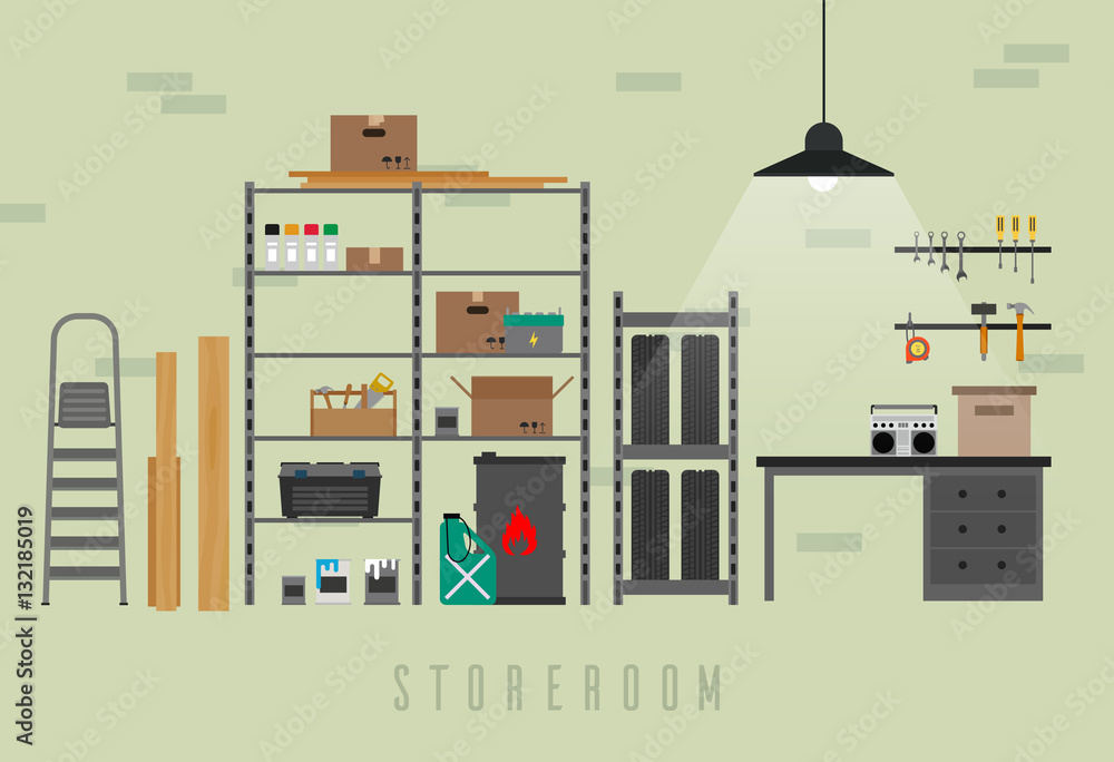 Storeroom interior with metal storage. Vector banner of garage or ...