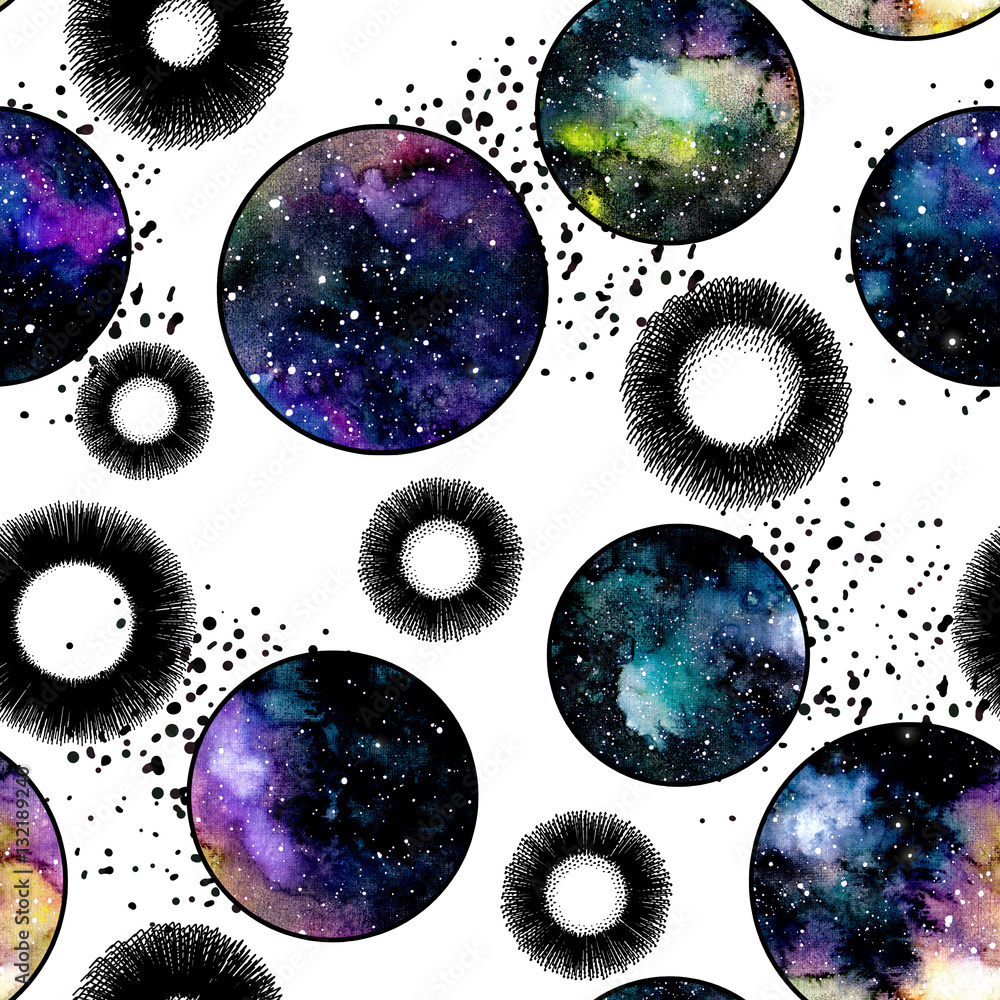 Seamless Pattern of Watercolor Nebula in Circles and Little Dots Stock ...