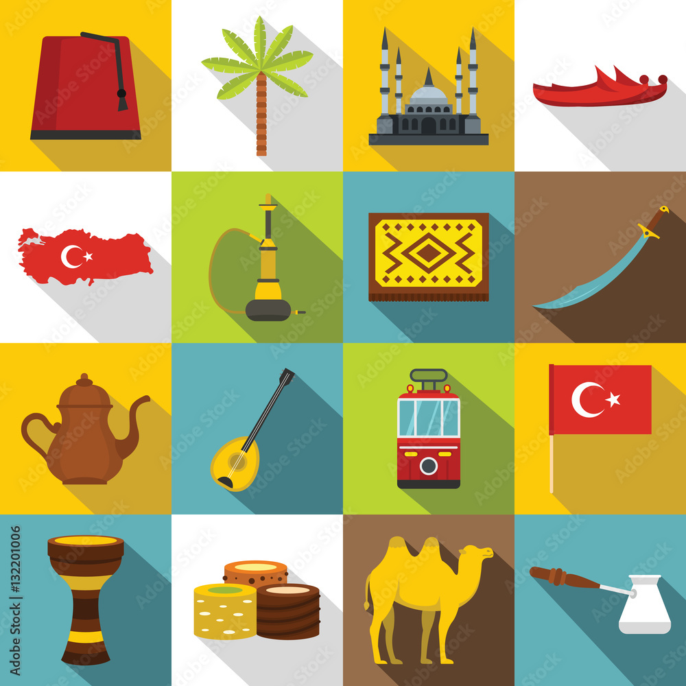 Turkey travel icons set. Flat illustration of 16 Turkey travel vector ...