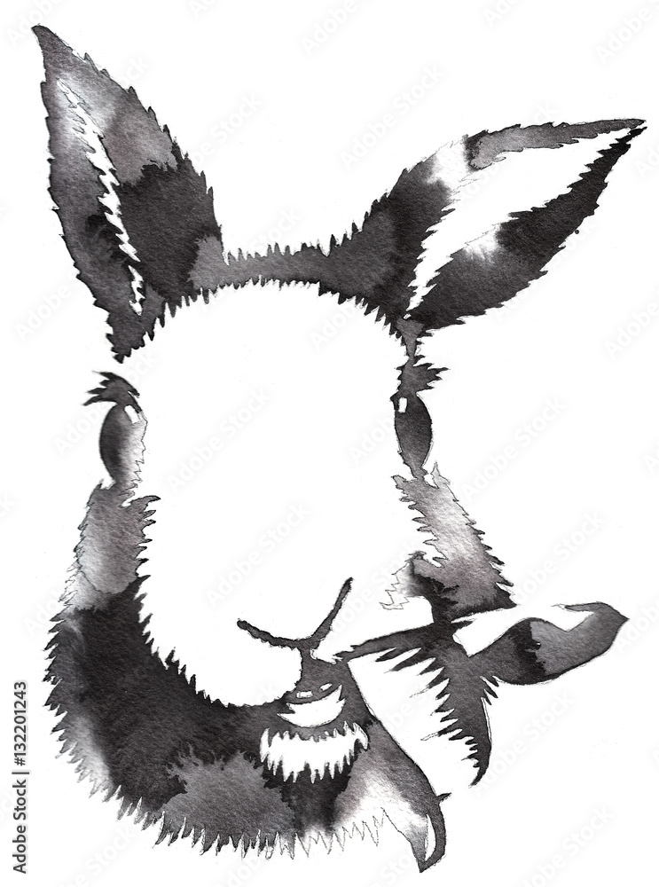 black and white monochrome painting with water and ink draw rabbit ...
